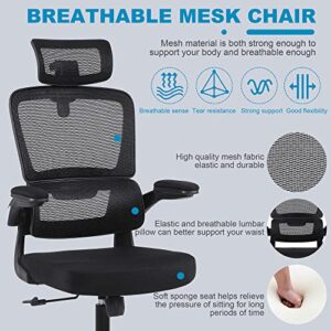 Flysky Ergonomic Office Chair Breathable Mesh Home Office Desk Chair, Comfy Computer Chair with Lumbar Support, Headrest and Flip-up Arms, Executive Chair, Adjustable Height Swivel Task Chair