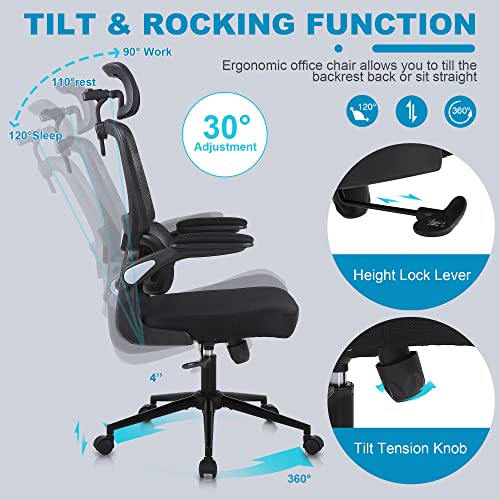 Flysky Ergonomic Office Chair Breathable Mesh Home Office Desk Chair, Comfy Computer Chair with Lumbar Support, Headrest and Flip-up Arms, Executive Chair, Adjustable Height Swivel Task Chair