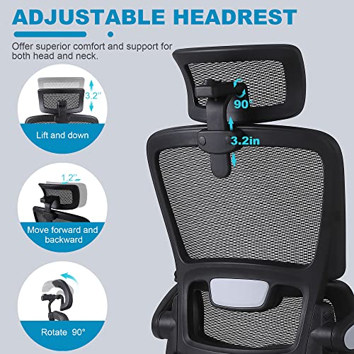 Flysky Ergonomic Office Chair Breathable Mesh Home Office Desk Chair, Comfy Computer Chair with Lumbar Support, Headrest and Flip-up Arms, Executive Chair, Adjustable Height Swivel Task Chair