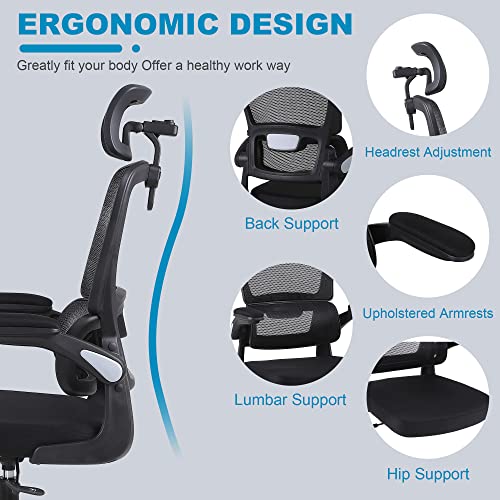 Flysky Ergonomic Office Chair Breathable Mesh Home Office Desk Chair, Comfy Computer Chair with Lumbar Support, Headrest and Flip-up Arms, Executive Chair, Adjustable Height Swivel Task Chair