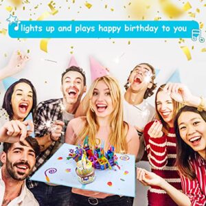 Gradient Mode Birthday Card, Musical Birthday Cards with Light and Music, Blowable Candle 3D Birthday Pop Up Cards, Blow Out LED Candle, Light Show and Play Happy Birthday Song For Women Men (Blue)