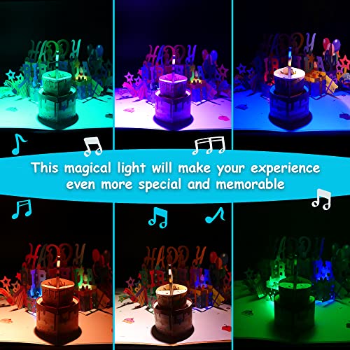 Gradient Mode Birthday Card, Musical Birthday Cards with Light and Music, Blowable Candle 3D Birthday Pop Up Cards, Blow Out LED Candle, Light Show and Play Happy Birthday Song For Women Men (Blue)