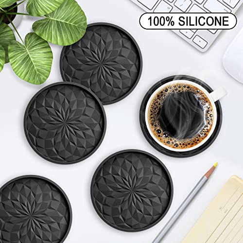 Silicone Coasters [6 Pack] ME.FAN Coasters with Holder - Drinking Coasters - Cup Mat for Drinks - Live for Hot or Cold Drink Thickened, Non-Slip, Non-Stick, Deep Tray Black