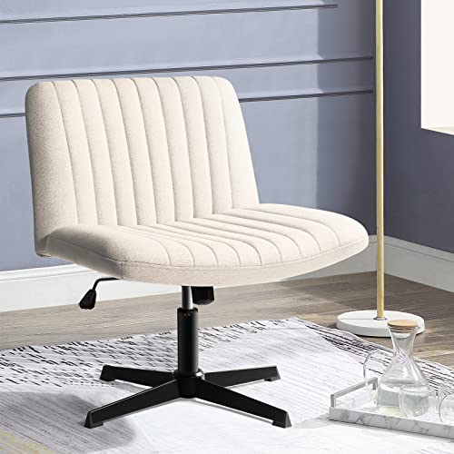 PUKAMI Armless Office Desk Chair No Wheels,Fabric Padded Modern Swivel Vanity Chair,Height Adjustable Wide Seat Computer Task Chair for Home Office,Mid Back Accent Chair (Beige)