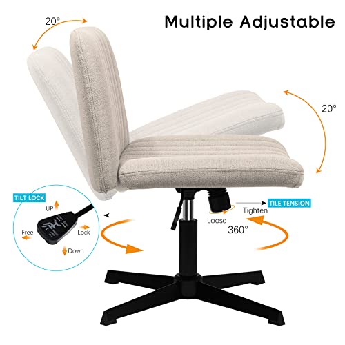 PUKAMI Armless Office Desk Chair No Wheels,Fabric Padded Modern Swivel Vanity Chair,Height Adjustable Wide Seat Computer Task Chair for Home Office,Mid Back Accent Chair (Beige)