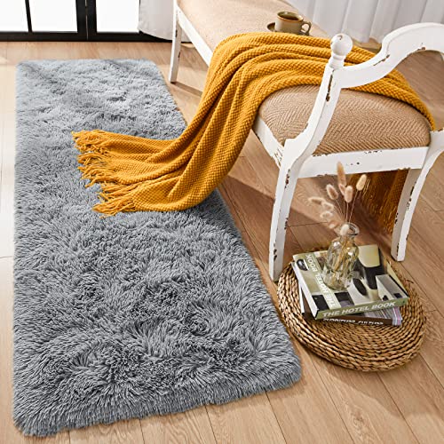 Rtizon Soft Shag Runner Rug for Bedroom, 2x6 Feet Fluffy Rugs with Non-Slip Bottom for Hallway Bedside Living Room Dorm, Furry Area Rug for Indoor Home Decor, Grey