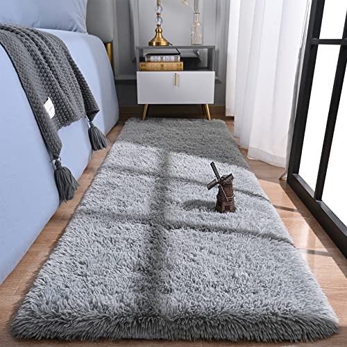 Rtizon Soft Shag Runner Rug for Bedroom, 2x6 Feet Fluffy Rugs with Non-Slip Bottom for Hallway Bedside Living Room Dorm, Furry Area Rug for Indoor Home Decor, Grey