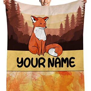 Personalized Fox Throw Blanket with Name Text Cute Fox Blanket Soft Warm Lightweight Flannel Blanket Fox Fur Blanket for Bed Couch Travel Gifts for Fox Lovers