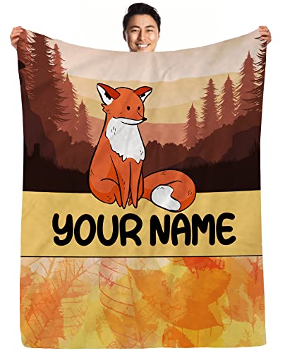 Personalized Fox Throw Blanket with Name Text Cute Fox Blanket Soft Warm Lightweight Flannel Blanket Fox Fur Blanket for Bed Couch Travel Gifts for Fox Lovers