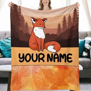 Personalized Fox Throw Blanket with Name Text Cute Fox Blanket Soft Warm Lightweight Flannel Blanket Fox Fur Blanket for Bed Couch Travel Gifts for Fox Lovers