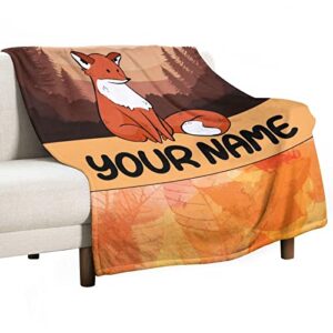 Personalized Fox Throw Blanket with Name Text Cute Fox Blanket Soft Warm Lightweight Flannel Blanket Fox Fur Blanket for Bed Couch Travel Gifts for Fox Lovers