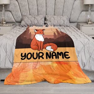 Personalized Fox Throw Blanket with Name Text Cute Fox Blanket Soft Warm Lightweight Flannel Blanket Fox Fur Blanket for Bed Couch Travel Gifts for Fox Lovers