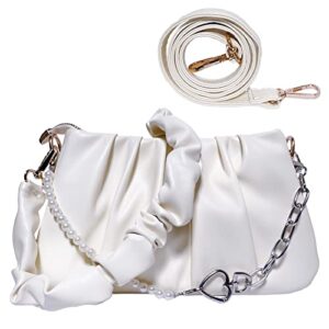 Lioying White Small Shoulder Bags for women, White Chain Clutch Purses Hobo bags Dumpling Bags Crossbody Handbag Bag with Adjustable Strap for Lady Girl