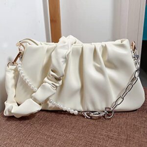 Lioying White Small Shoulder Bags for women, White Chain Clutch Purses Hobo bags Dumpling Bags Crossbody Handbag Bag with Adjustable Strap for Lady Girl