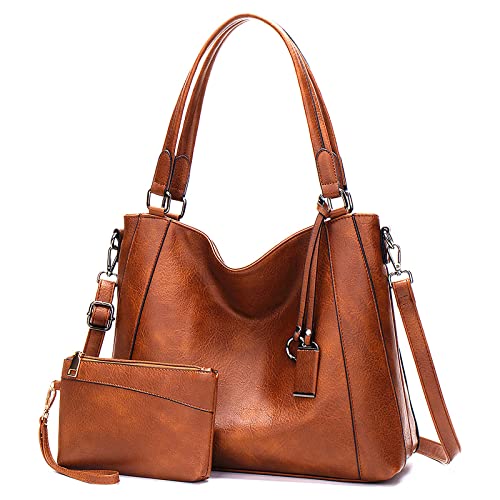 Long Keeper Vegan Leather Tote Handbags Women Large Capacity Hobo Shoulder Bag Crossbody Satchel Bags with Small Purse (Brown)