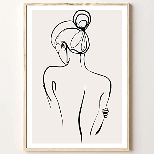 Line Girl Wall Art Canvas Abstract Line Woman Body Silhouette Art Prints Minimalist Painting Woman Drawing Outline Pictures Black and Beige Poster Female Black Wall Art for Bedroom 16x24inch No Frame