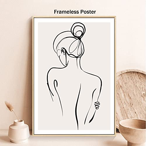 Line Girl Wall Art Canvas Abstract Line Woman Body Silhouette Art Prints Minimalist Painting Woman Drawing Outline Pictures Black and Beige Poster Female Black Wall Art for Bedroom 16x24inch No Frame