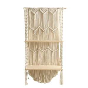 macrame wall hanging shelf, 2 tier boho hanging shelves for wall, floating wood shelves with handmade woven rope for small plants, books photos, bohemian decor for living room, bedroom, bathroom