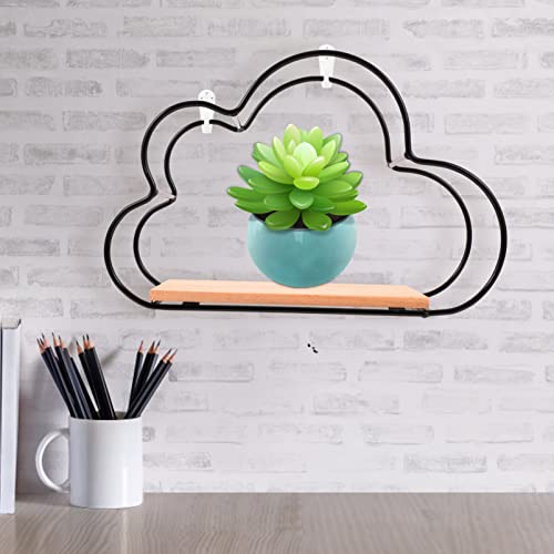 Zerodeko Wall Cloud Storage Shelf Wall Mounted Floating Shelf Hanging Organizer Rack Succulent Pot Holder with Wood Tray for Bookshelf Bathroom Home Supplies Black