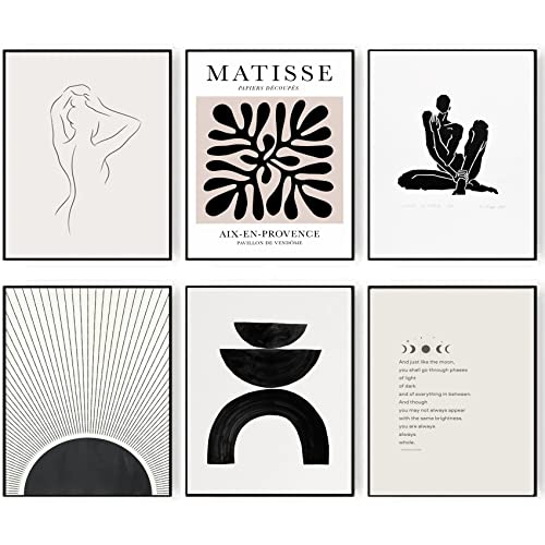 Onivein Matisse Wall Art Prints Set of 6 Black and White Boho Posters Matisse Minimalist Abstract Modern Bohemian Line Artwork Women Body Pictures for Bedroom Living Room Decor（8x10inch, Unframed