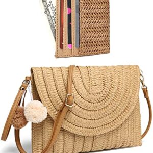 YIKOEE Straw Bag and Card Holder Set for Women Summer Beach Purse Woven Bag With PomPom