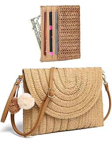 YIKOEE Straw Bag and Card Holder Set for Women Summer Beach Purse Woven Bag With PomPom