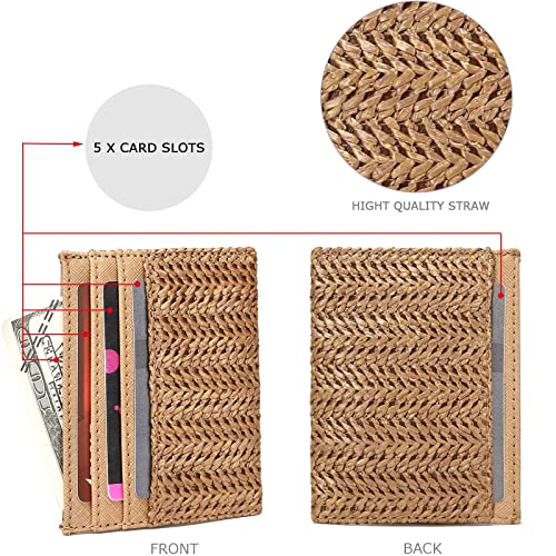 YIKOEE Straw Bag and Card Holder Set for Women Summer Beach Purse Woven Bag With PomPom