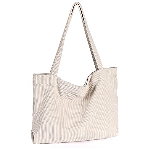 Sightor Corduroy Tote Bag for Women Shoulder Bag Big Capacity Shopping Bag Casual Handbags (Beige)