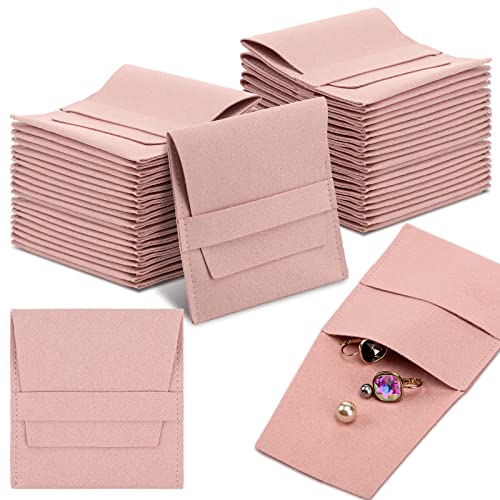 40 Pcs Microfiber Jewelry Pouch with Band 8 x 8 cm, Jewelry Packaging Bag Luxury Small Jewelry Gift Bags Microfiber Bag for Bracelet Necklace Packaging (Pink)