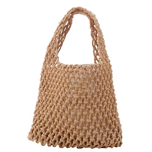 FAJIA Hand-woven Soft Small Straw Shoulder Bag Boho Straw Tote Bag Retro Summer Beach Bag