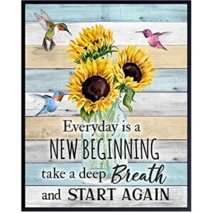 Inspirational Wall Art & Decor - New Beginnings Hummingbirds Sunflowers Rustic Boho Family Wall Art - Inspiration Saying Quotation - Positive Quotes Wall Decor - Encouragement Gifts for Women Woman