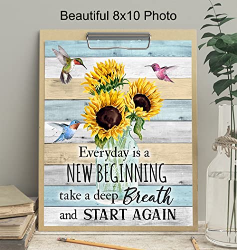 Inspirational Wall Art & Decor - New Beginnings Hummingbirds Sunflowers Rustic Boho Family Wall Art - Inspiration Saying Quotation - Positive Quotes Wall Decor - Encouragement Gifts for Women Woman