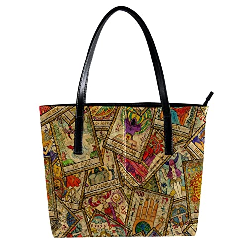 Women Tote Shoulder Bag, Vintage Tarot Cards Retro Leather Work Handbag with Zipper for Teens College Students