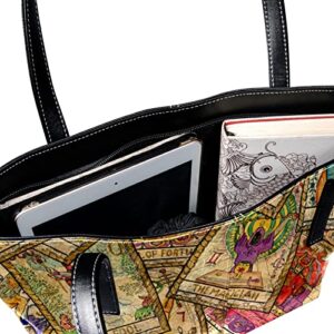 Women Tote Shoulder Bag, Vintage Tarot Cards Retro Leather Work Handbag with Zipper for Teens College Students