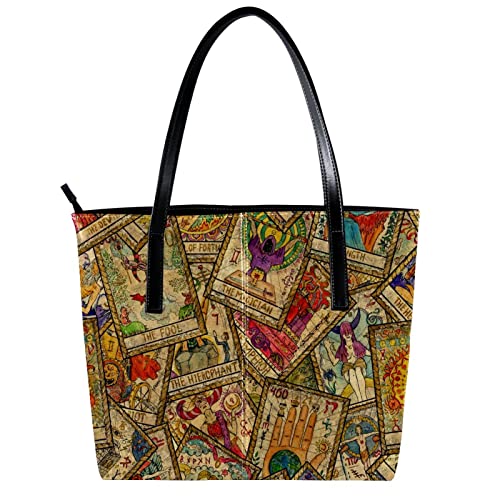 Women Tote Shoulder Bag, Vintage Tarot Cards Retro Leather Work Handbag with Zipper for Teens College Students