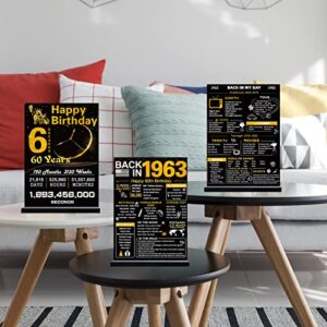 Crenics Black Gold 60th Birthday Decorations for Men Women, 3 Pieces Back in 1963 Birthday Poster with Stands, 1963 60th Birthday Gifts Anniversary Centerpieces Party Supplies