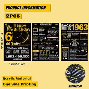 Crenics Black Gold 60th Birthday Decorations for Men Women, 3 Pieces Back in 1963 Birthday Poster with Stands, 1963 60th Birthday Gifts Anniversary Centerpieces Party Supplies