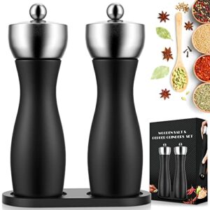 pepper and salt grinder set, wooden pepper mill with ceramic mechanism, solid and durable salt grinders suited for sea salt, black peppercorn (6”, black set of 2)