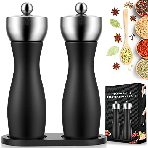 Pepper and Salt Grinder Set, Wooden Pepper Mill with Ceramic Mechanism, Solid and Durable Salt Grinders Suited for Sea Salt, Black Peppercorn (6'', Black Set of 2)