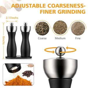 Pepper and Salt Grinder Set, Wooden Pepper Mill with Ceramic Mechanism, Solid and Durable Salt Grinders Suited for Sea Salt, Black Peppercorn (6'', Black Set of 2)