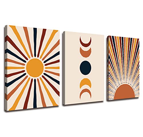 Orange Boho Wall Art Sunrise and Moon Minimalist Geometry Abstract Canvas Wall Art Modern 3 Pieces Stretched and Framed Artwork Canvas Prints for Home Office Bathroom Bedroom Wall Decor 12"x16"x3