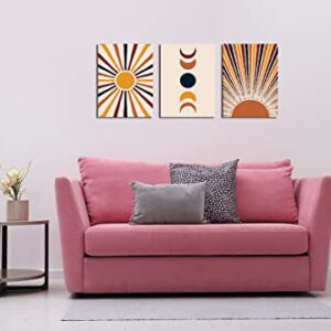 Orange Boho Wall Art Sunrise and Moon Minimalist Geometry Abstract Canvas Wall Art Modern 3 Pieces Stretched and Framed Artwork Canvas Prints for Home Office Bathroom Bedroom Wall Decor 12"x16"x3