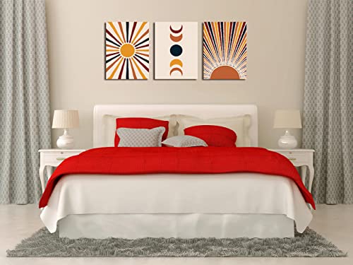 Orange Boho Wall Art Sunrise and Moon Minimalist Geometry Abstract Canvas Wall Art Modern 3 Pieces Stretched and Framed Artwork Canvas Prints for Home Office Bathroom Bedroom Wall Decor 12"x16"x3