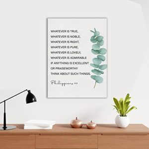 Philippians 4:8 Whatever is True Bible Verse Canvas Wall Art Christian Office Home Decor Scripture Poster Picture Artwork 11.5"x15", Baptism Gift (Wooden Framed)