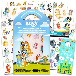 bluey sticker pack for kids, boys, girls – 2 pc bundle with 100+ bluey stickers for party favors, goodie bags, more plus bonus stickers | bluey stickers for kids