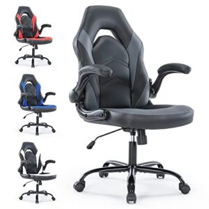 gaming chair ergonomic office chair, padded high back computer desk chair with flip-up armrests, pu leather executive office chair swivel rolling chair for adults teens, height adjustable, tilt & lock