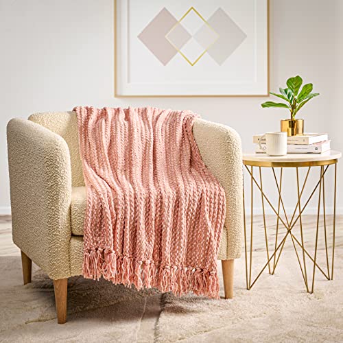 Lumina Lou Knitted Throw Blanket- Oversized Knit Boho Blanket for Couch and Bed- Super Soft Chenille Knit Blush Pink Throw Blanket