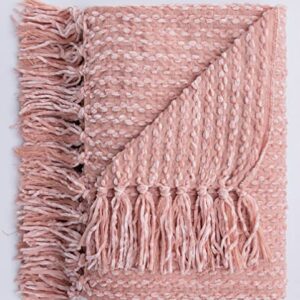 Lumina Lou Knitted Throw Blanket- Oversized Knit Boho Blanket for Couch and Bed- Super Soft Chenille Knit Blush Pink Throw Blanket