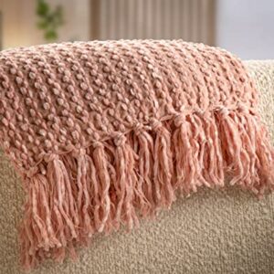 Lumina Lou Knitted Throw Blanket- Oversized Knit Boho Blanket for Couch and Bed- Super Soft Chenille Knit Blush Pink Throw Blanket