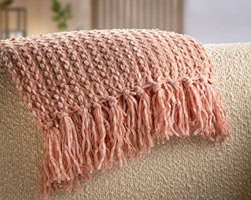 Lumina Lou Knitted Throw Blanket- Oversized Knit Boho Blanket for Couch and Bed- Super Soft Chenille Knit Blush Pink Throw Blanket